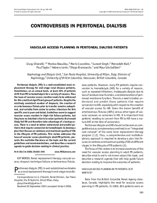 (PDF) Vascular Access Planning in Peritoneal Dialysis Patients