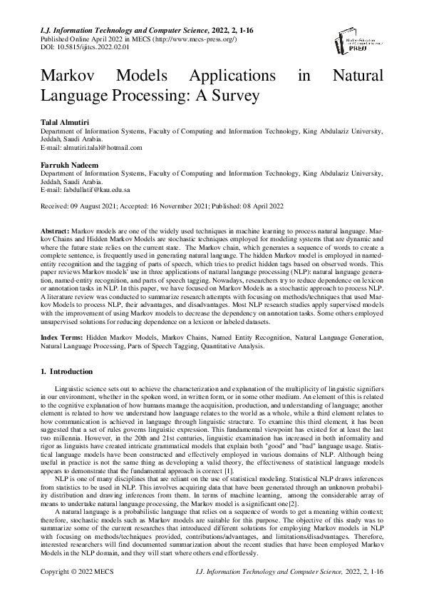 (PDF) Markov Models Applications in Natural Language Processing: A Survey