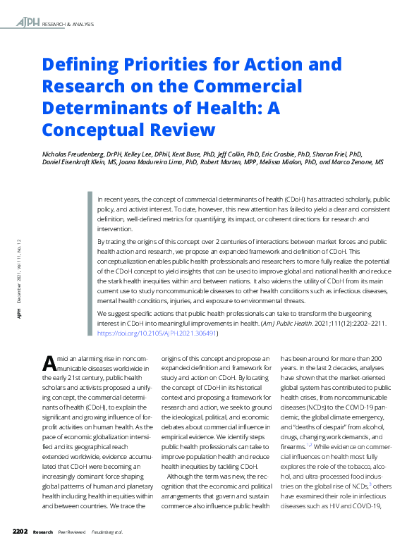 (PDF) Defining Priorities for Action and Research on the Commercial Determinants of Health: A ...