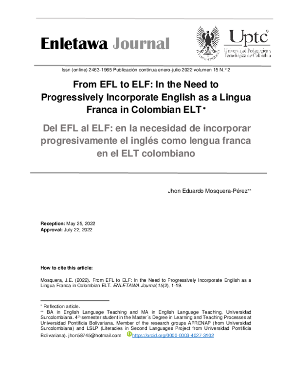 (PDF) From EFL to ELF - Reflective Article