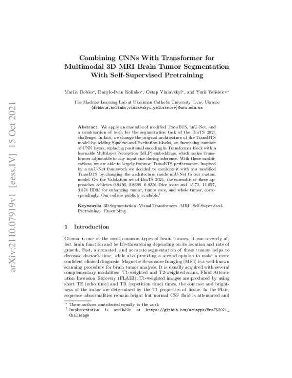 Pdf Combining Cnns With Transformer For Multimodal 3d Mri Brain Tumor Segmentation With Self