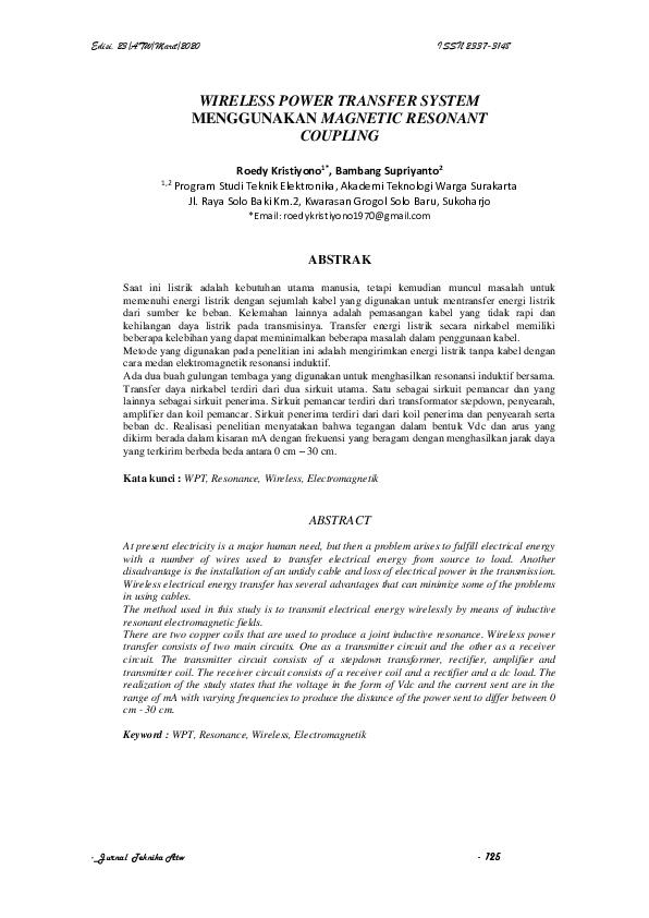 (PDF) Wireless Power Transfer System Menggunakan Magnetic Resonant Coupling