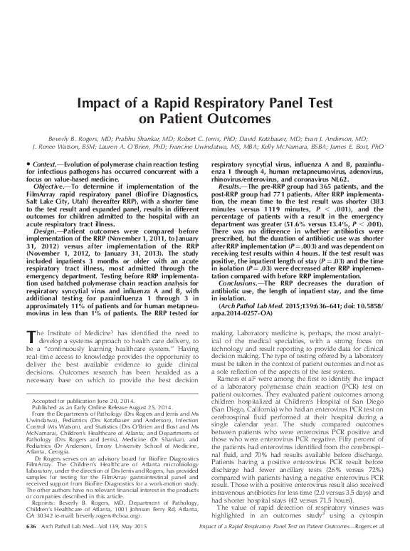 (PDF) Impact of a Rapid Respiratory Panel Test on Patient Outcomes