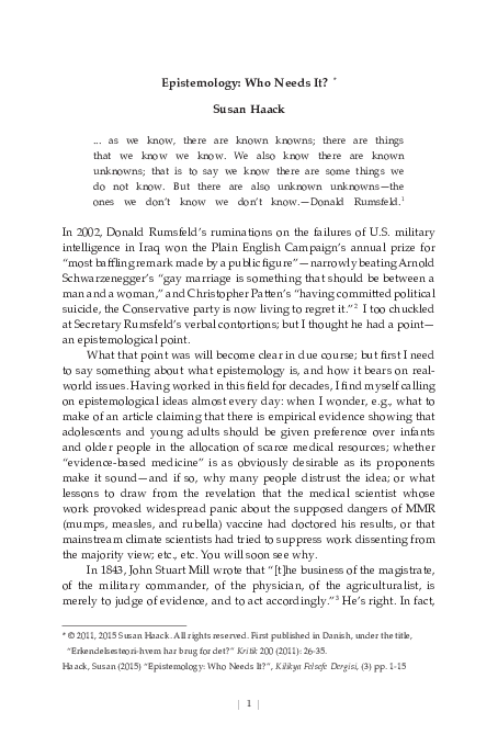 (PDF) Epistemology: Who Needs It?