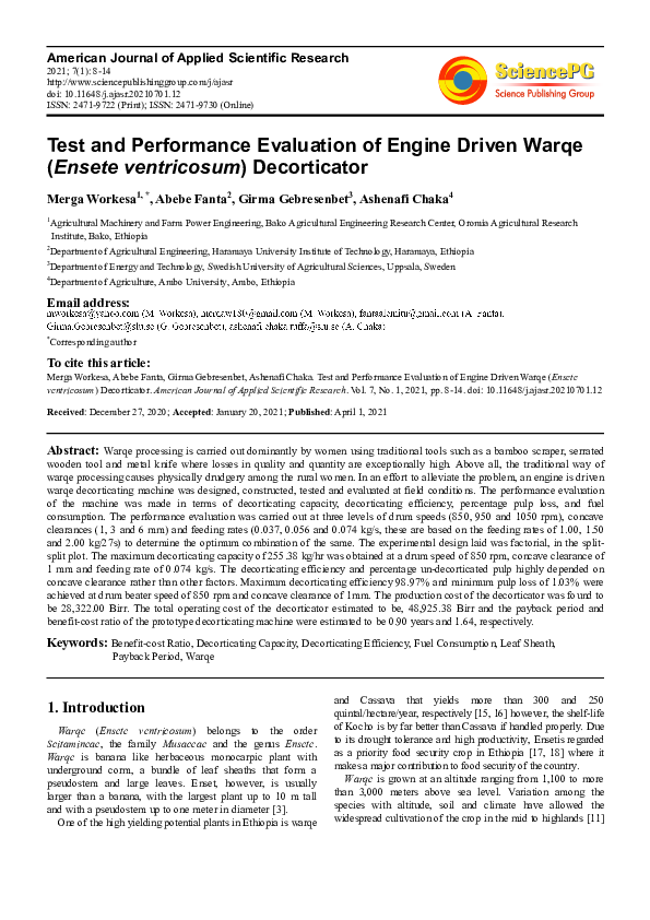 (PDF) Test and Performance Evaluation of Engine Driven Warqe (Ensete ...