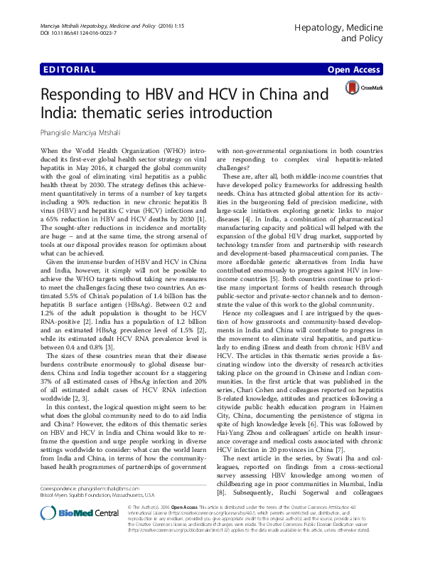 (PDF) Responding to HBV and HCV in China and India: thematic series ...