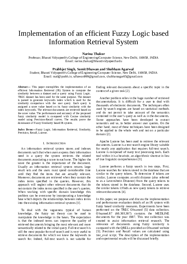 (PDF) Implementation of an efficient Fuzzy Logic based Information Retrieval System