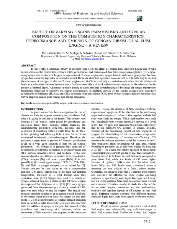 Pdf Effect Of Varying Engine Parameters And Syngas Composition On The Combustion
