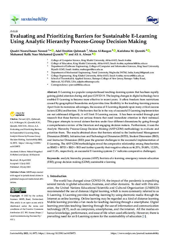 Pdf Evaluating And Prioritizing Barriers For Sustainable E Learning Using Analytic Hierarchy