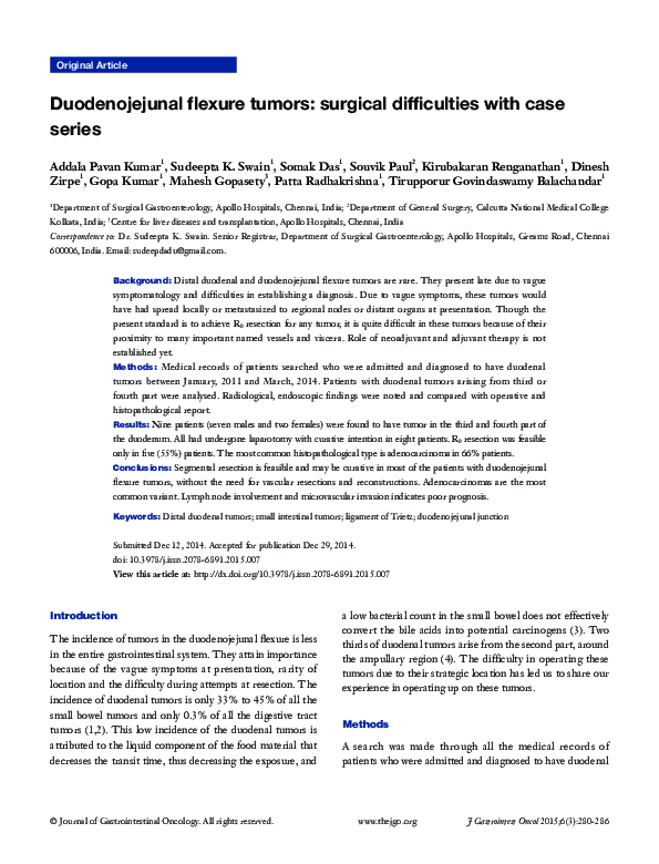 (PDF) Duodenojejunal flexure tumors: surgical difficulties with case series