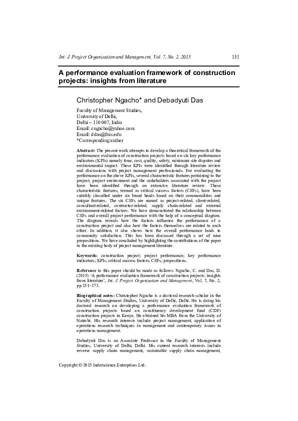 Pdf A Performance Evaluation Framework Of Construction Projects