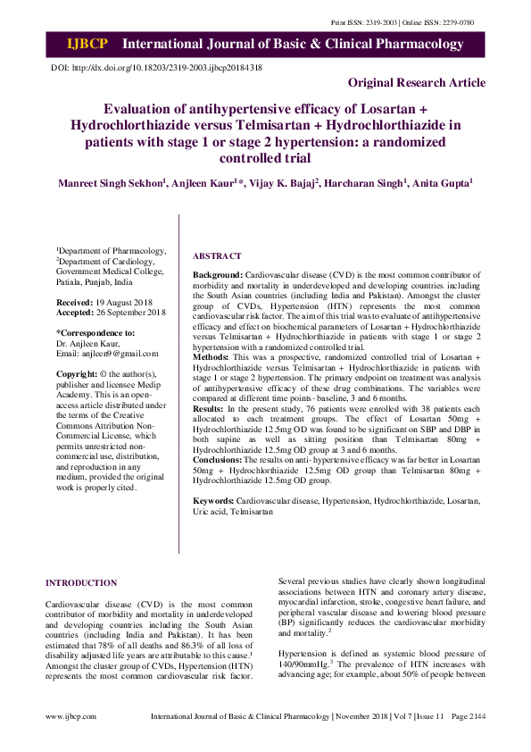 (PDF) Evaluation of antihypertensive efficacy of Losartan + Hydrochlorthiazide versus ...