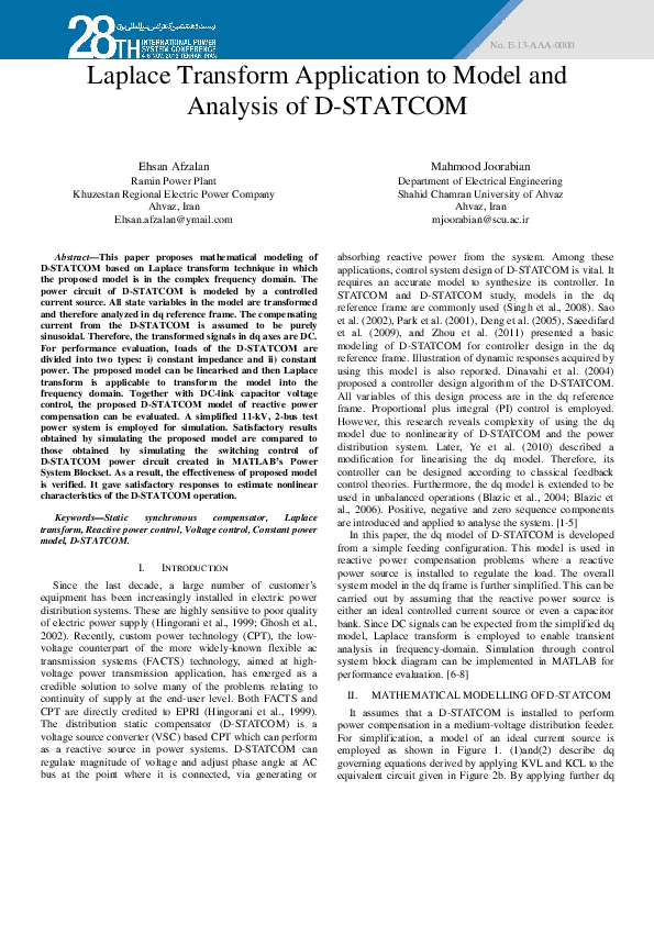 Pdf Laplace Transform Application To Model And Analysis Of D Statcom