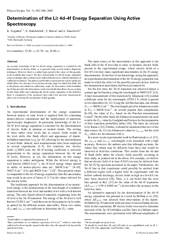 (PDF) Determination of the Li I 4d–4f Energy Separation Using Active ...