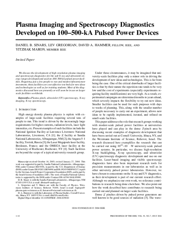 (PDF) Plasma imaging and spectroscopy diagnostics developed on 100-500 ...