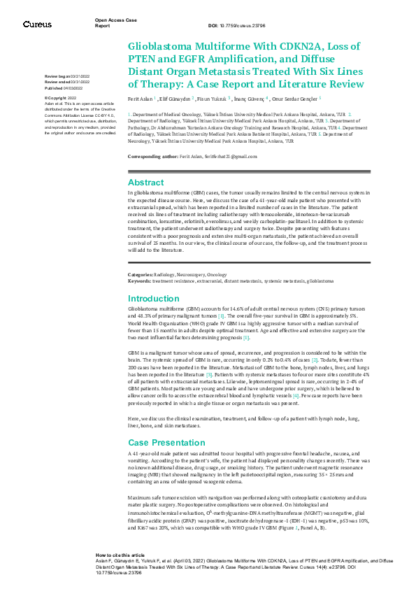 (PDF) Glioblastoma Multiforme With CDKN2A, Loss of PTEN and EGFR Amplification, and Diffuse ...