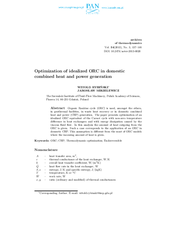 Pdf Optimization Of Idealized Orc In Domestic Combined Heat And Power Generation