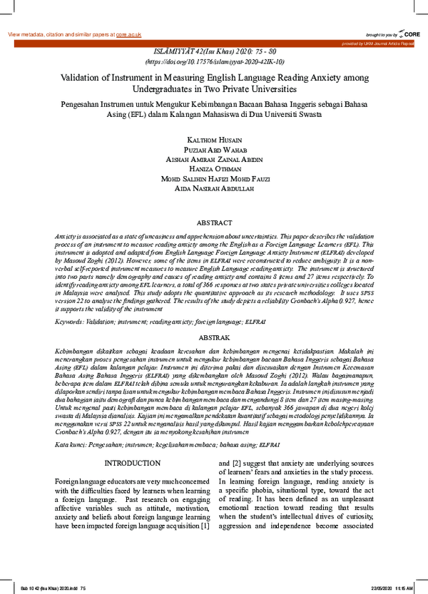 (PDF) Validation of Instrument in Measuring English Language Reading ...