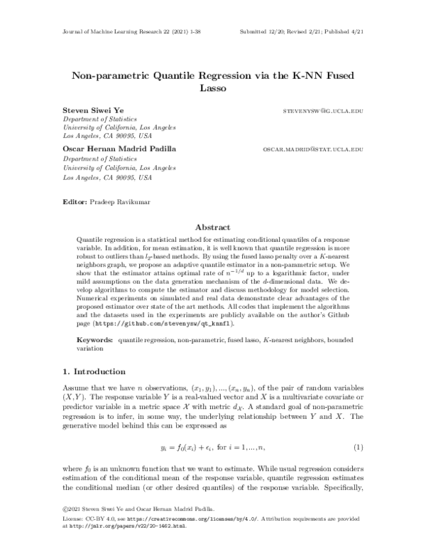 Pdf Non Parametric Quantile Regression Via The K Nn Fused Lasso