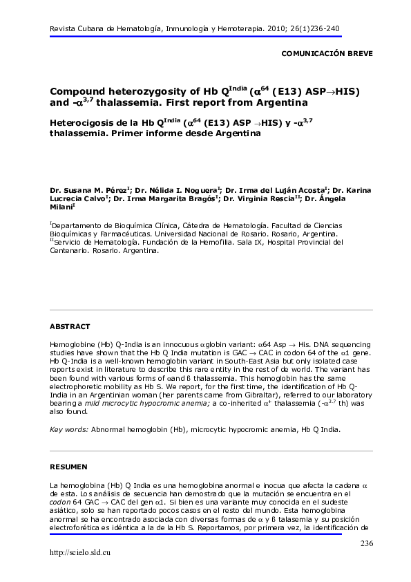 (PDF) Compound heterozygosity of Hb Q India (a64 (E13) ASP®HIS) and -a3 ...