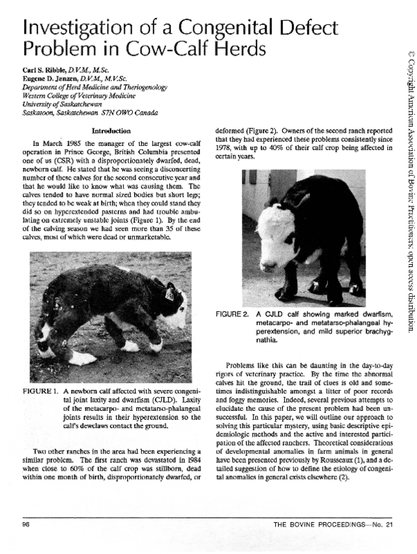 (PDF) Investigation of a Congenital Defect Problem in Cow-Calf Herds