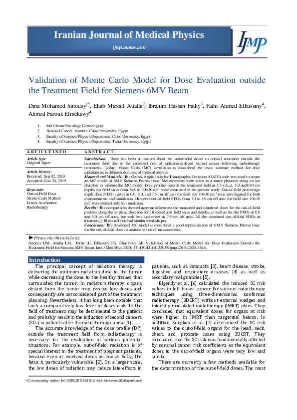 (PDF) Validation of Monte Carlo Model for Dose Evaluation outside the Treatment Field for ...