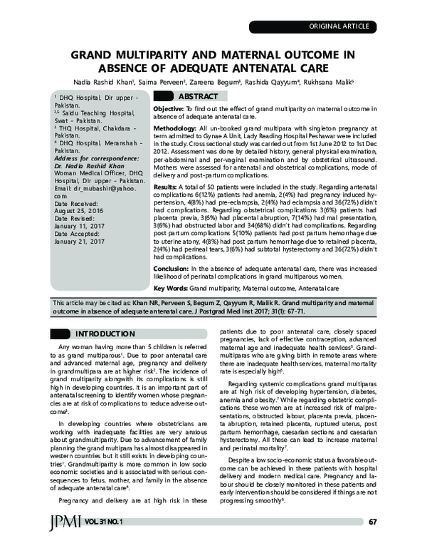(PDF) Grand Multiparity and Maternal Outcome in Absence of Adequate ...