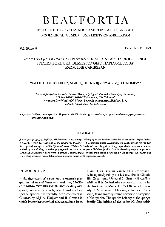 (PDF) Haliclona (Halichoclona) van soesti n.sp., a new chalinid sponge ...