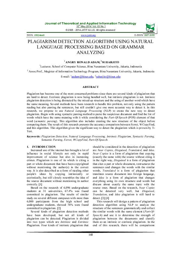 (PDF) Plagiarism Detection Algorithm Using Natural Language Processing Based on Grammar Analyzing 1