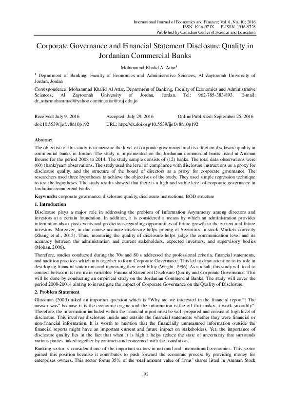 (PDF) Corporate Governance and Financial Statement Disclosure Quality in Jordanian Commercial Banks
