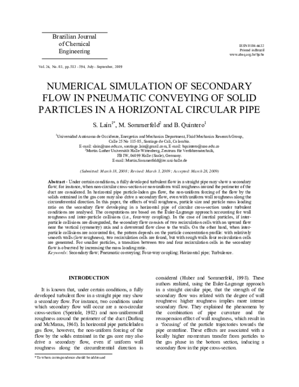 (PDF) Numerical simulation of secondary flow in pneumatic conveying of solid particles in a ...