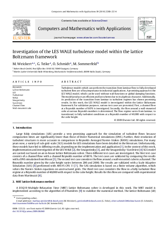 (PDF) Investigation of the LES WALE turbulence model within the lattice ...