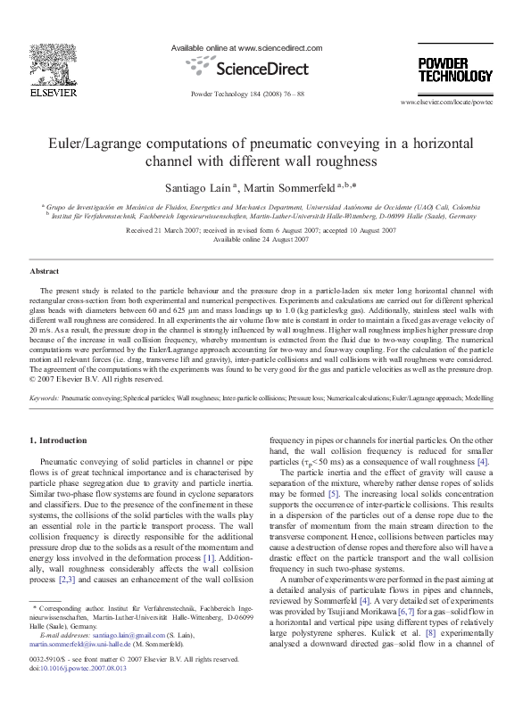 (PDF) Euler/Lagrange computations of pneumatic conveying in a horizontal channel with different ...