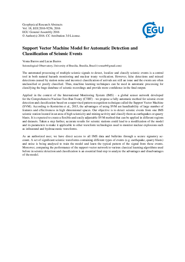 (PDF) Support Vector Machine Model for Automatic Detection and Classification of Seismic Events