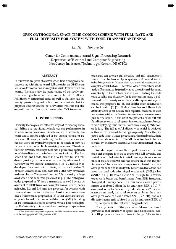 Pdf Qpsk Orthogonal Space Time Coding Scheme With Full Rate And Full Diversity For System With