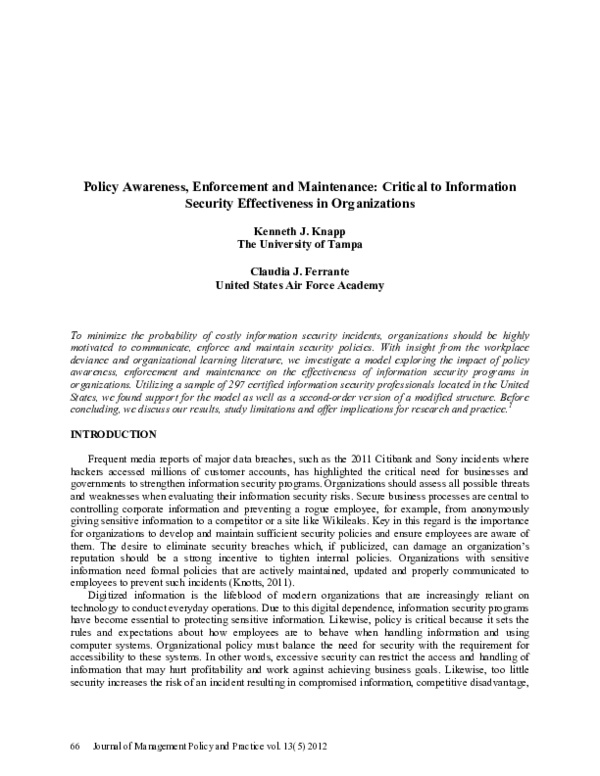 (PDF) Policy Awareness, Enforcement and Maintenance: Critical to Information Security ...