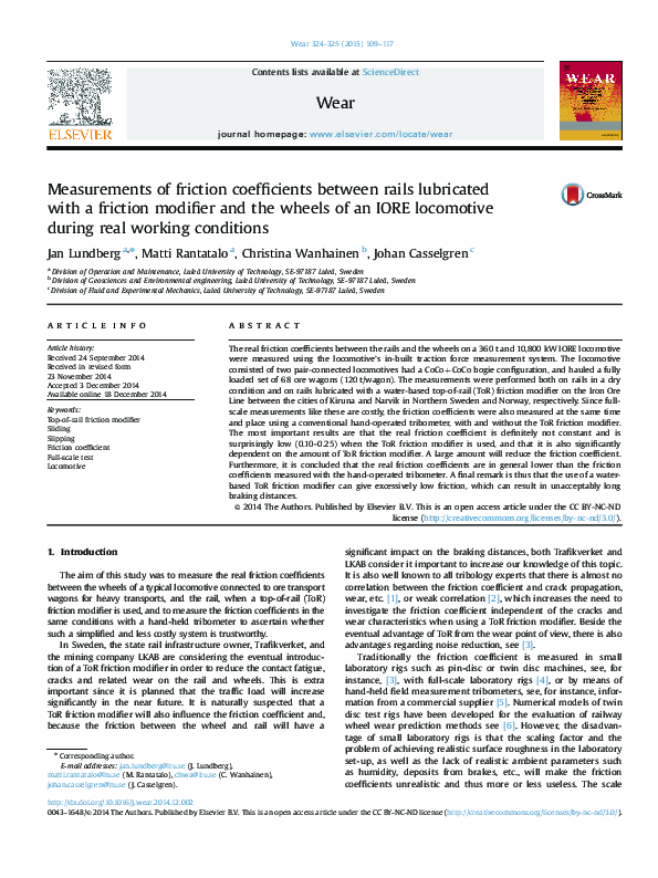 (PDF) Measurements of friction coefficients between rails lubricated ...