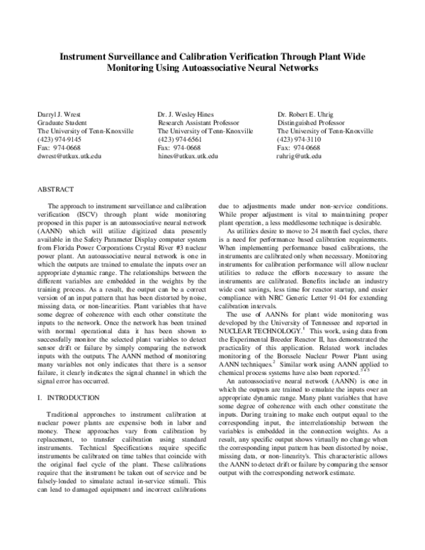 (PDF) Instrument surveillance and calibration verification through plant wide monitoring using ...