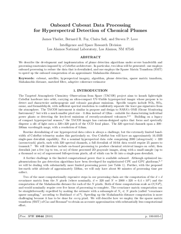 Pdf Onboard Cubesat Data Processing For Hyperspectral Detection Of Chemical Plumes Steven