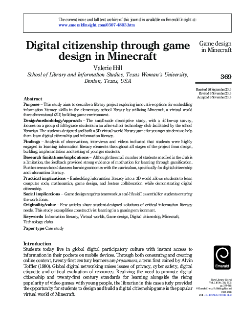(PDF) Digital citizenship through game design in Minecraft