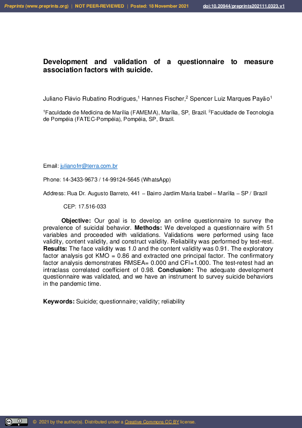 (PDF) Development and Validation of a Questionnaire to Measure Association Factors with Suicide