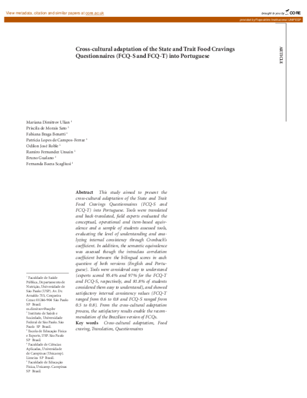 (PDF) Cross-cultural adaptation of the State and Trait Food Cravings ...