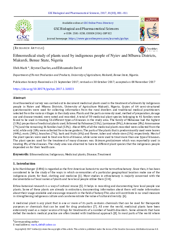 (PDF) Ethnomedical study of plants used by indigenous people of Nyiev ...
