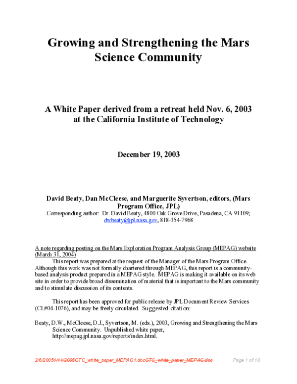 (PDF) Growing and strengthening the Mars science community