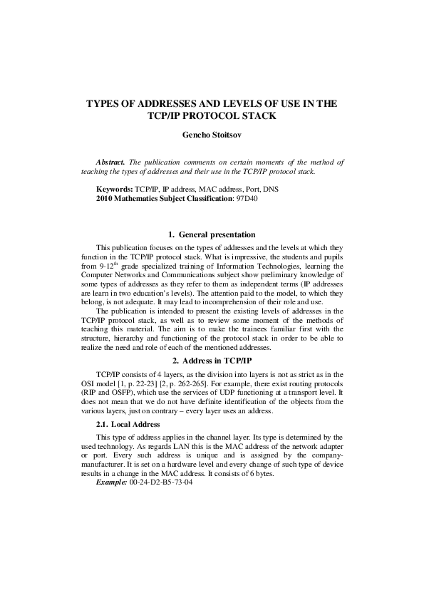 Pdf Types Of Addresses And Levels Of Use In The Tcpip Protocol Stack