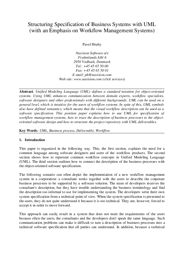 Pdf Structuring Specification Of Business Systems With Uml With An Emphasis On Workflow