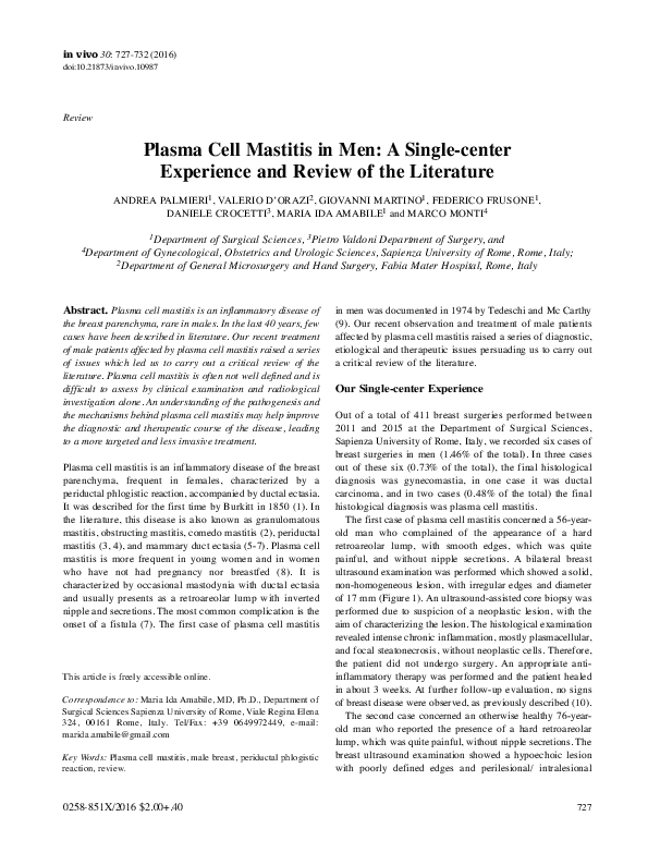 (PDF) Plasma Cell Mastitis In Men: A Single-center Experience and ...