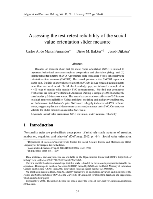 (PDF) Assessing the test-retest reliability of the social value ...