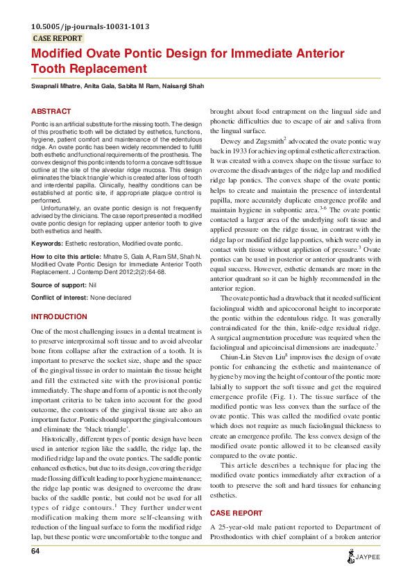 (PDF) Modified Ovate Pontic Design for Immediate Anterior Tooth Replacement