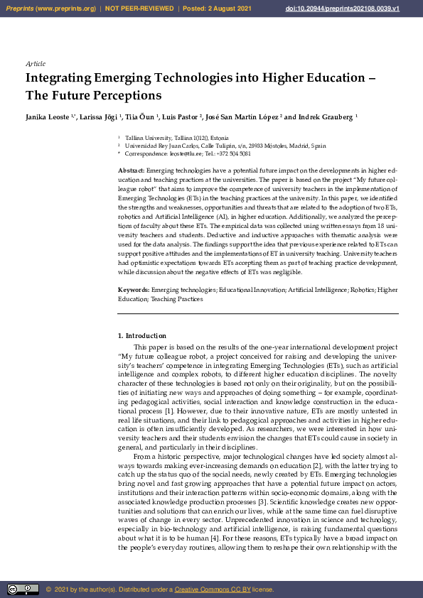 (PDF) Integrating Emerging Technologies into Higher Education – The Future Perceptions